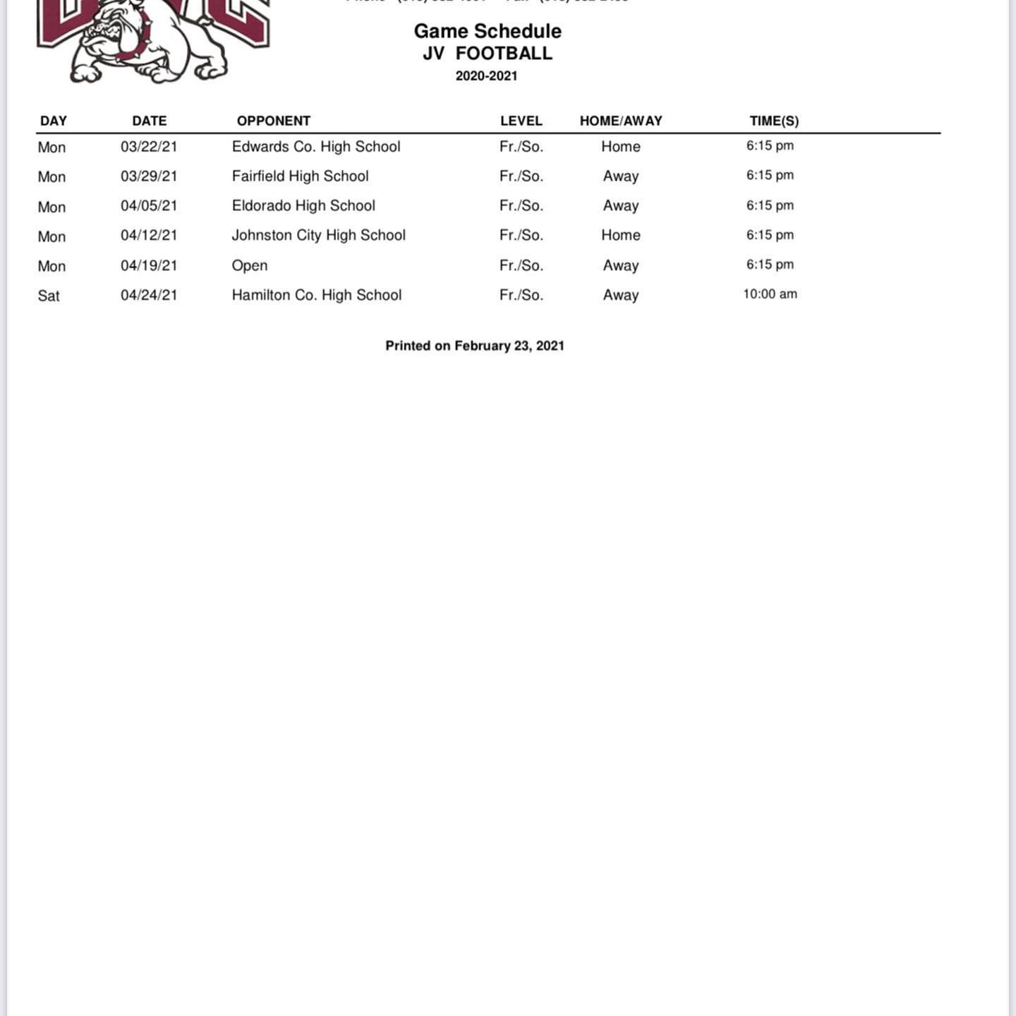 CWCHS Spring Sports Schedules (Volleyball and Football) – WRUL-FM